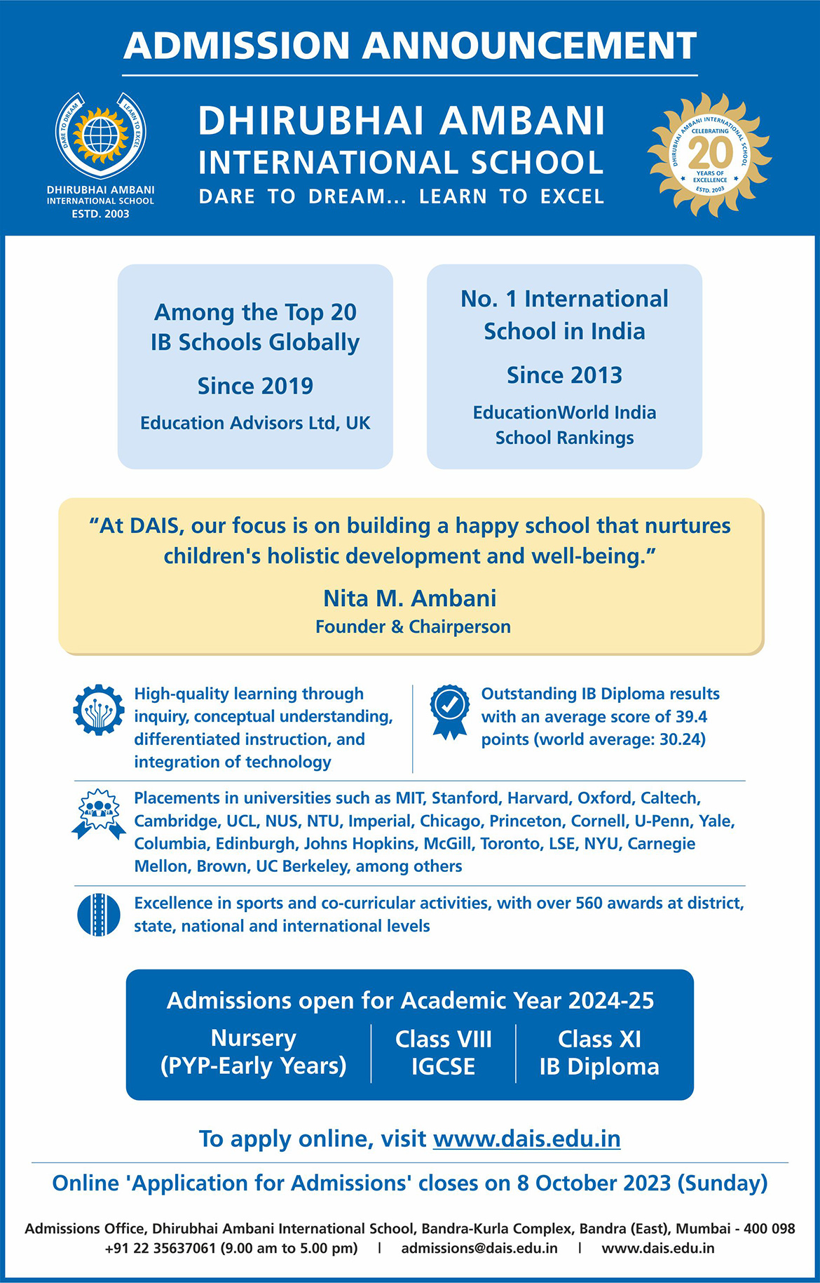 DAIS Admission - Top ICSE, IGCSE & IBDP School in Mumbai